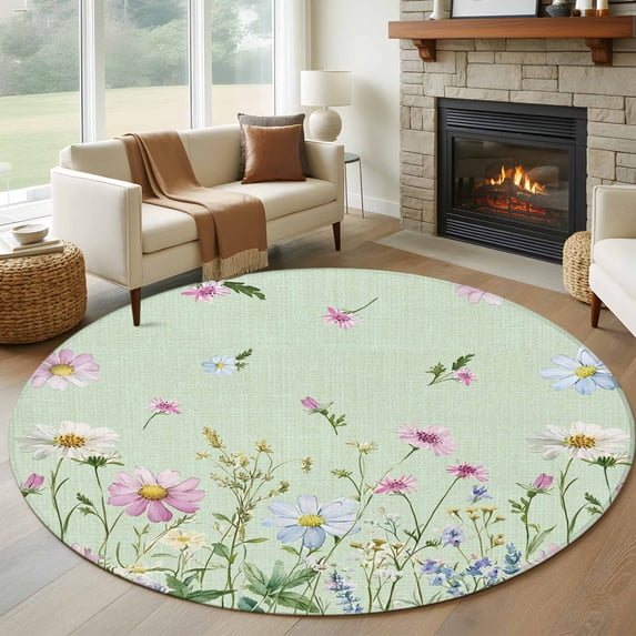 Flower Green Round Area Rug 6 FT, Non Slip Bedroom Rugs, Blue Pink ...