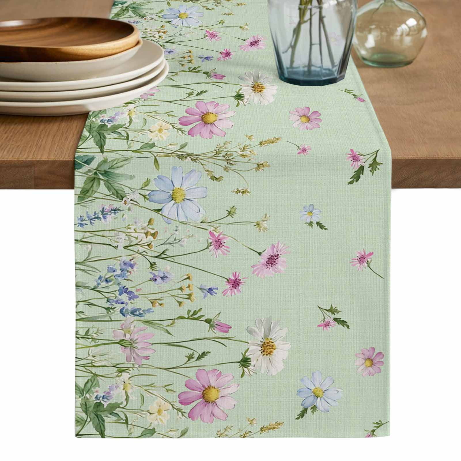 Flower Green Table Runner, Blue Pink Daisy Wildflower Floral Botanical ...
