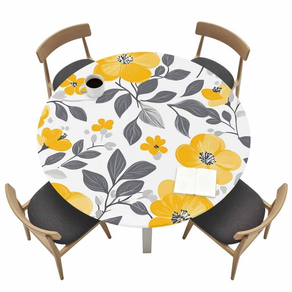 Flower Grey Leaf Round Fitted Tablecloth with Elastic Edge Yellow ...
