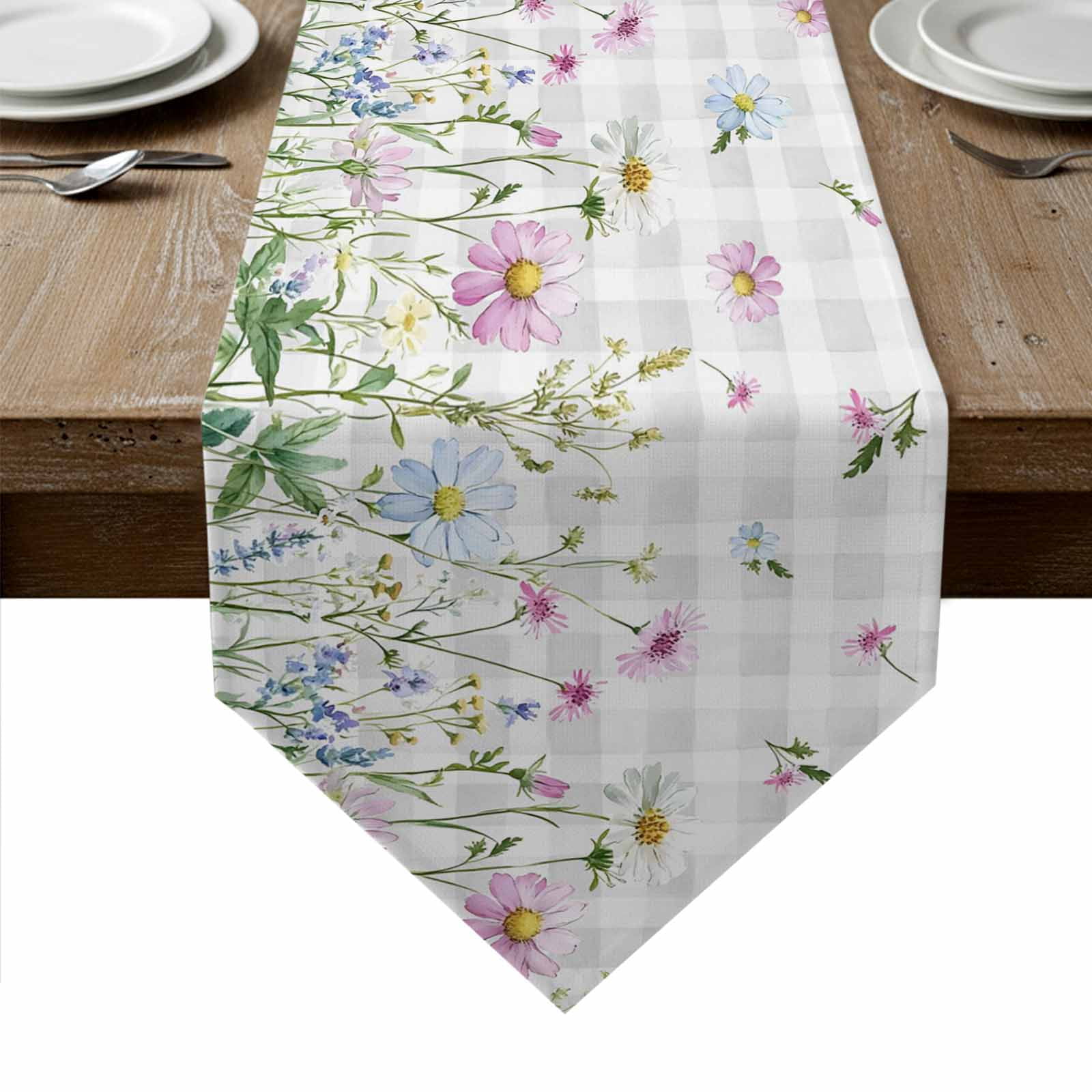 Flower Grey Table Runner Linen Burlap Table Runner 36 Inches Small Blue ...