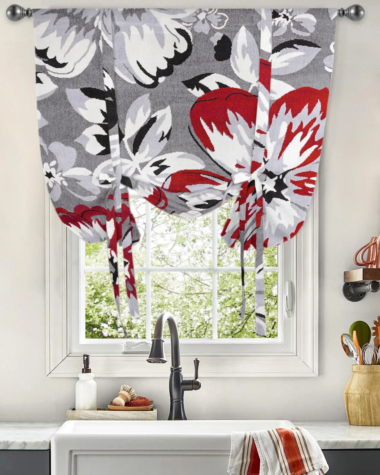 Flower Grey Texture Red Window Curtains Tie Up Curtains for Kitchen ...