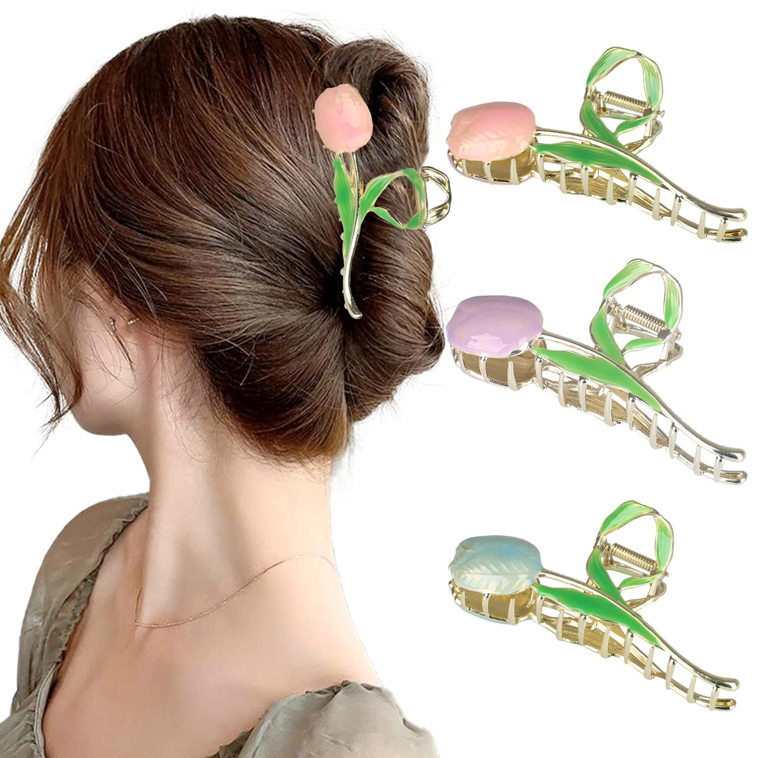 Flower Hair Claw Clips Metal Large Non-Slip Strong Hold Hair Jaw Clips ...