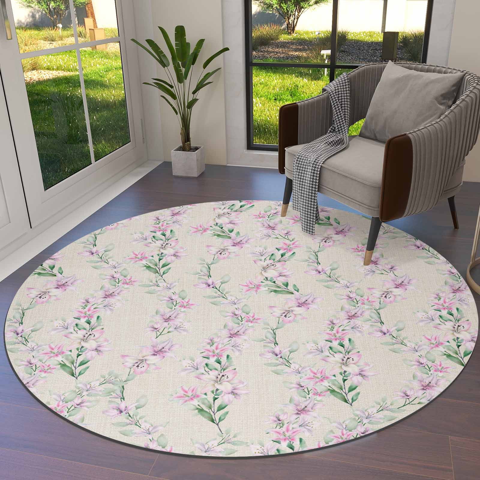Flower Hand Drawn Plant Lilies Round Area Rug Carpets For Living Room ...