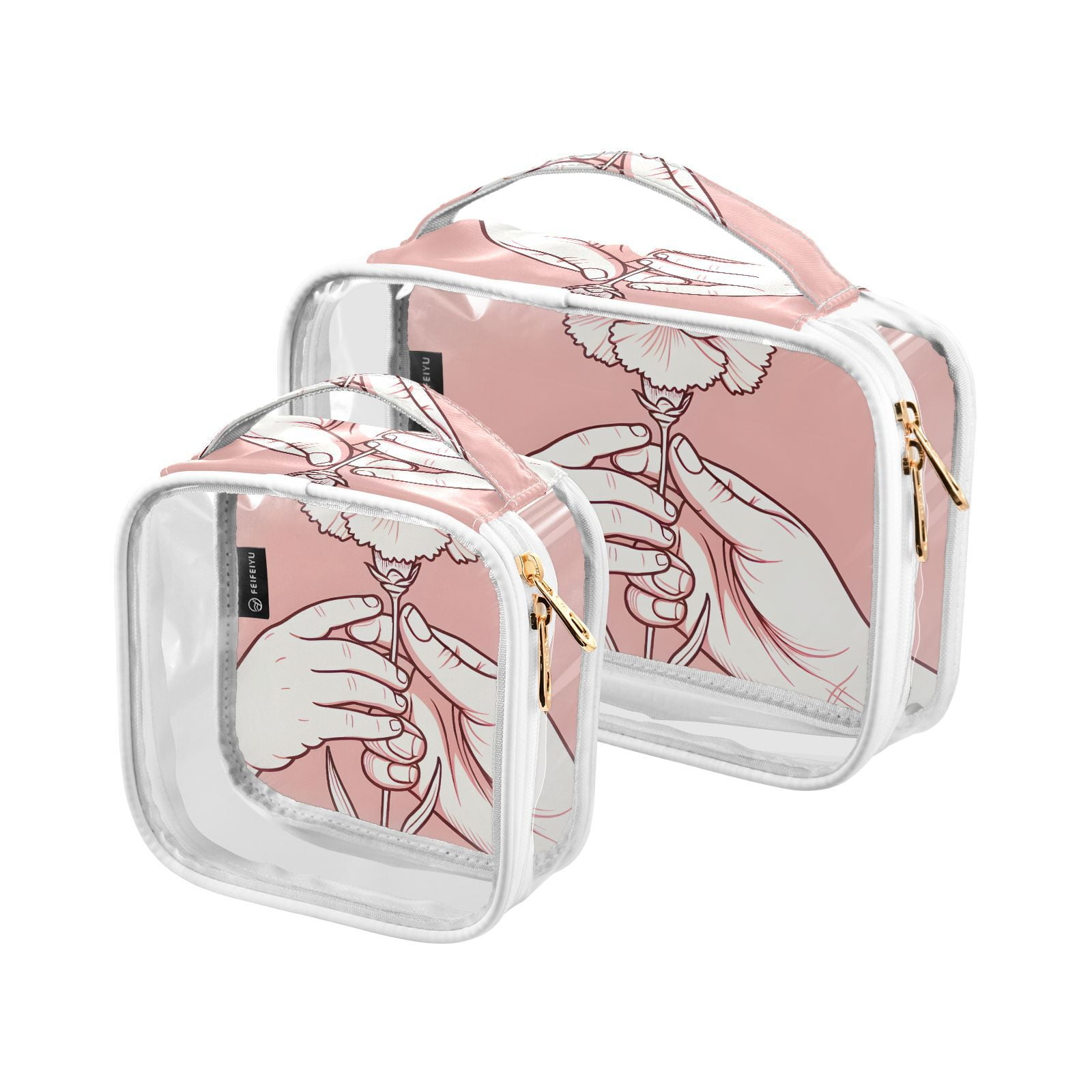 Flower Hands Pink Clear Cosmetic Bags with Handles PVC Toiletry Bags ...