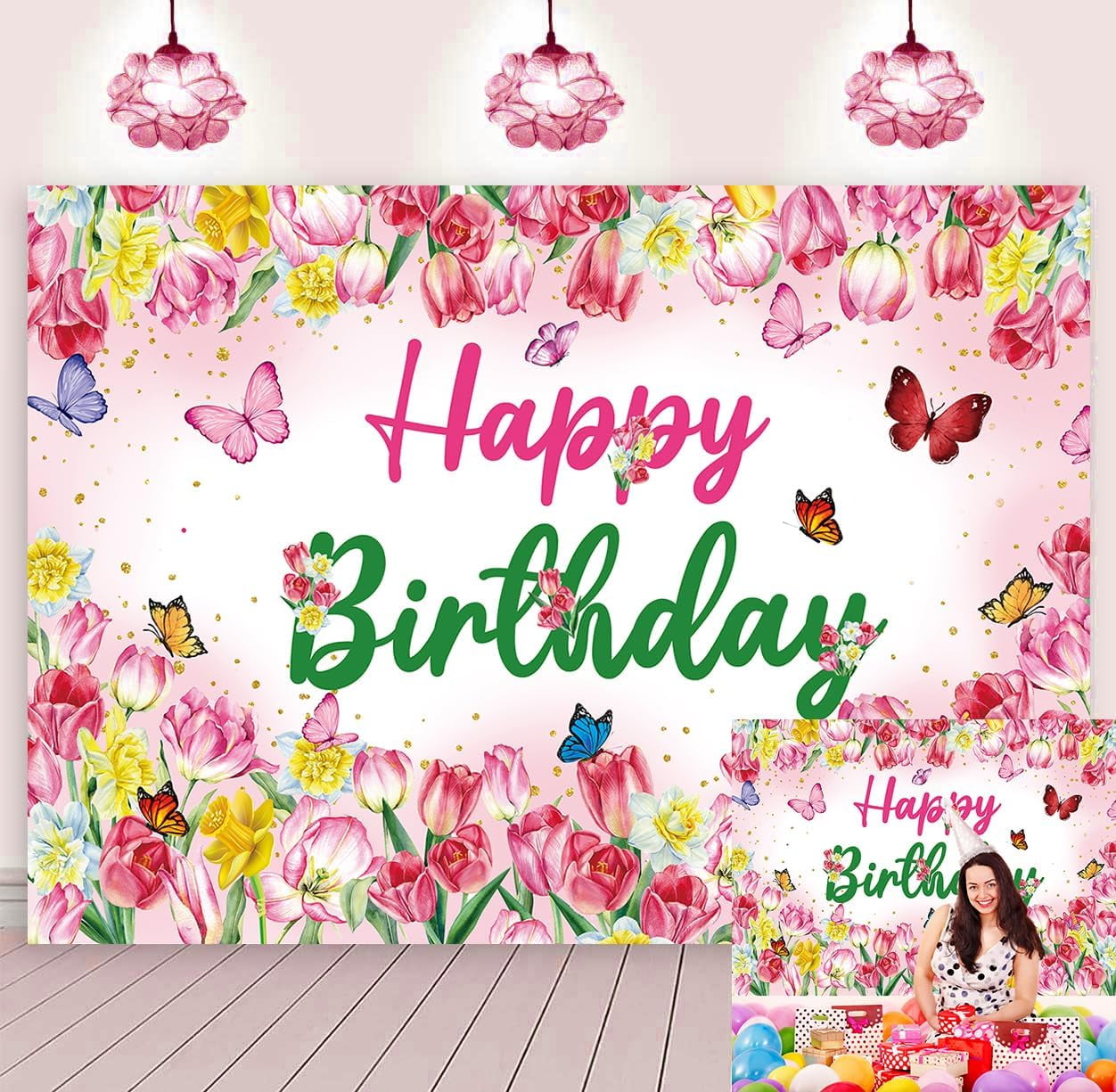 Flower Happy Birthday Backdrop Pink Floral Tulip Butterfly Bday ...