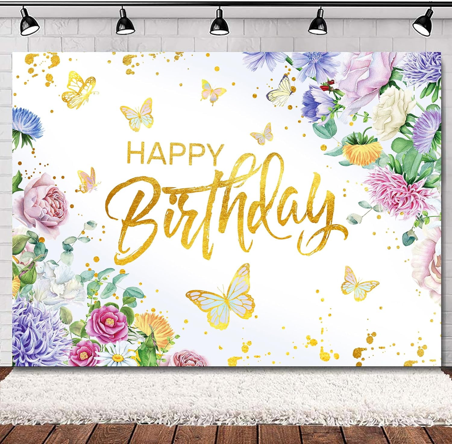 Flower Happy Birthday Backdrop for Women Butterfly Pink Purple Floral ...