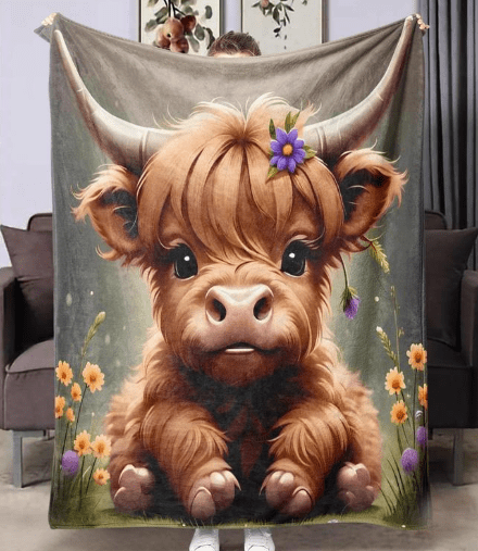 Flower Highland Cow Pattern Flannel Blanket, 1 Count Soft Warm Throw ...