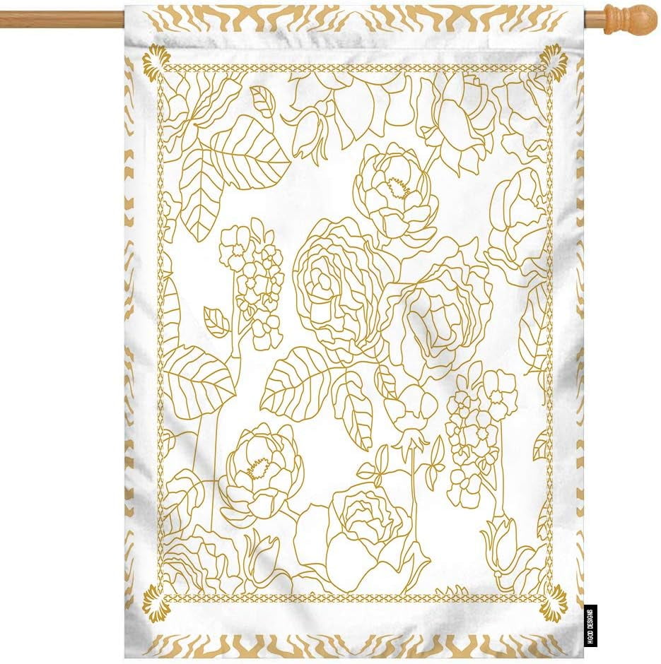 Flower House Flag,Retro White And Golden Beautiful Blooming Roses And ...