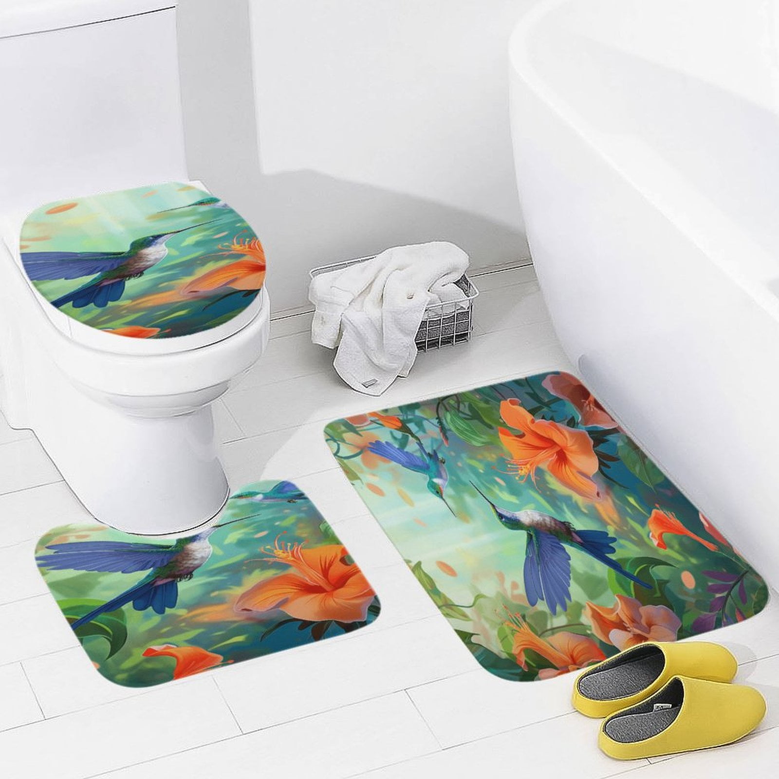 Flower Hummingbird 3 Piece Bath Rugs Mat Set, Flannel Mats, Machine ...