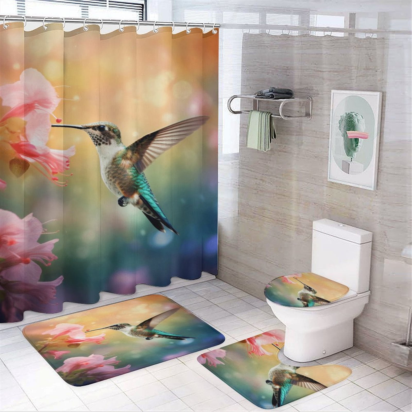 Flower Hummingbird 4 Piece Shower Curtain Sets, Non-Slip Rugs, Toilet ...