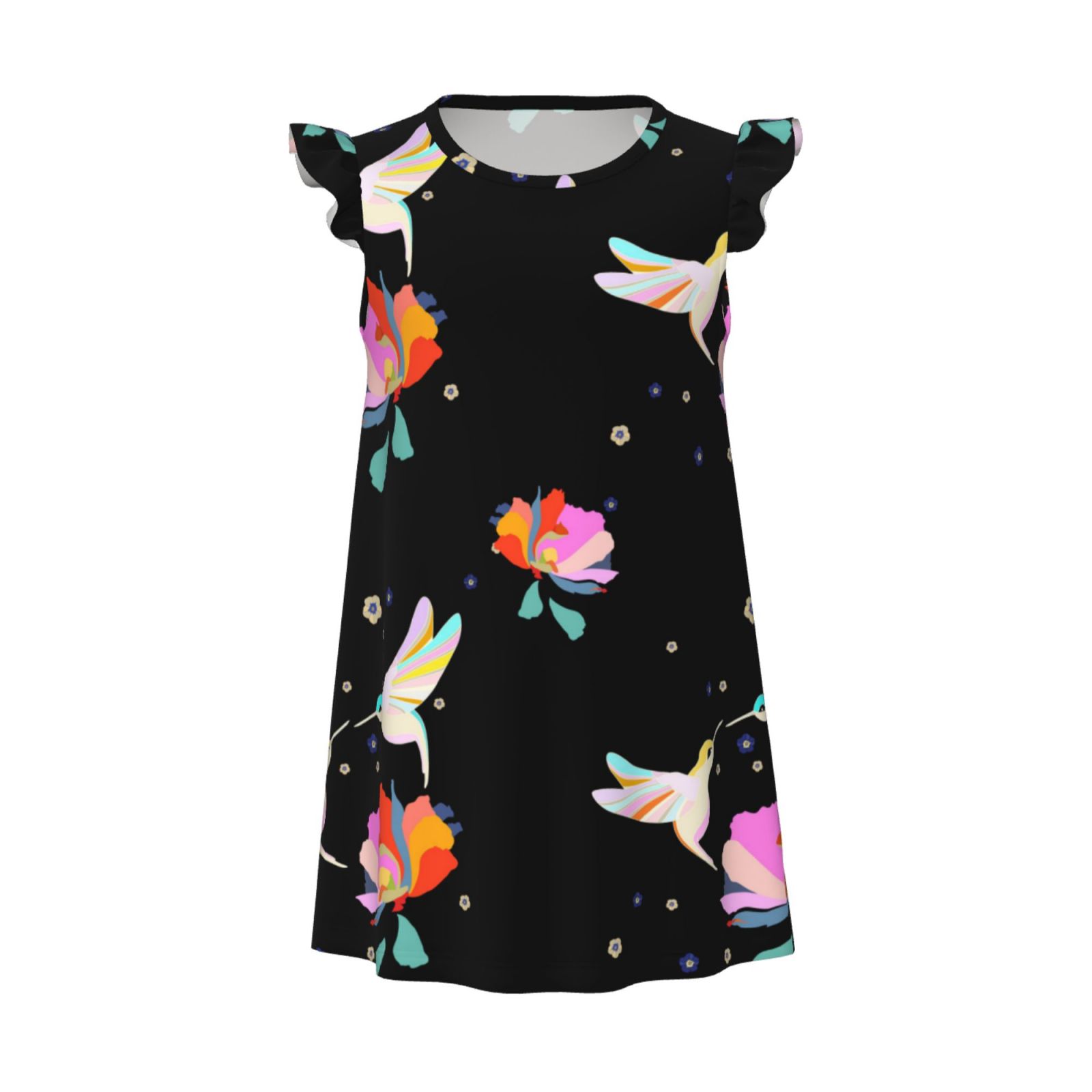 Flower Hummingbird Black Girls Nightgown, Flutter Short Sleeves Night ...