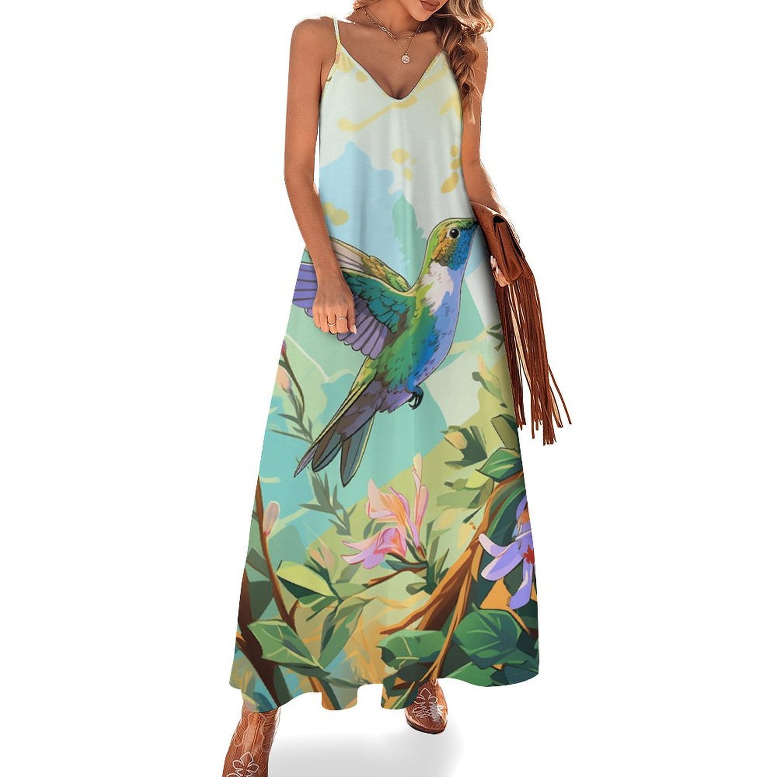 Flower Hummingbird Design Sleeveless Dress Woman Fashion Long Dresses ...
