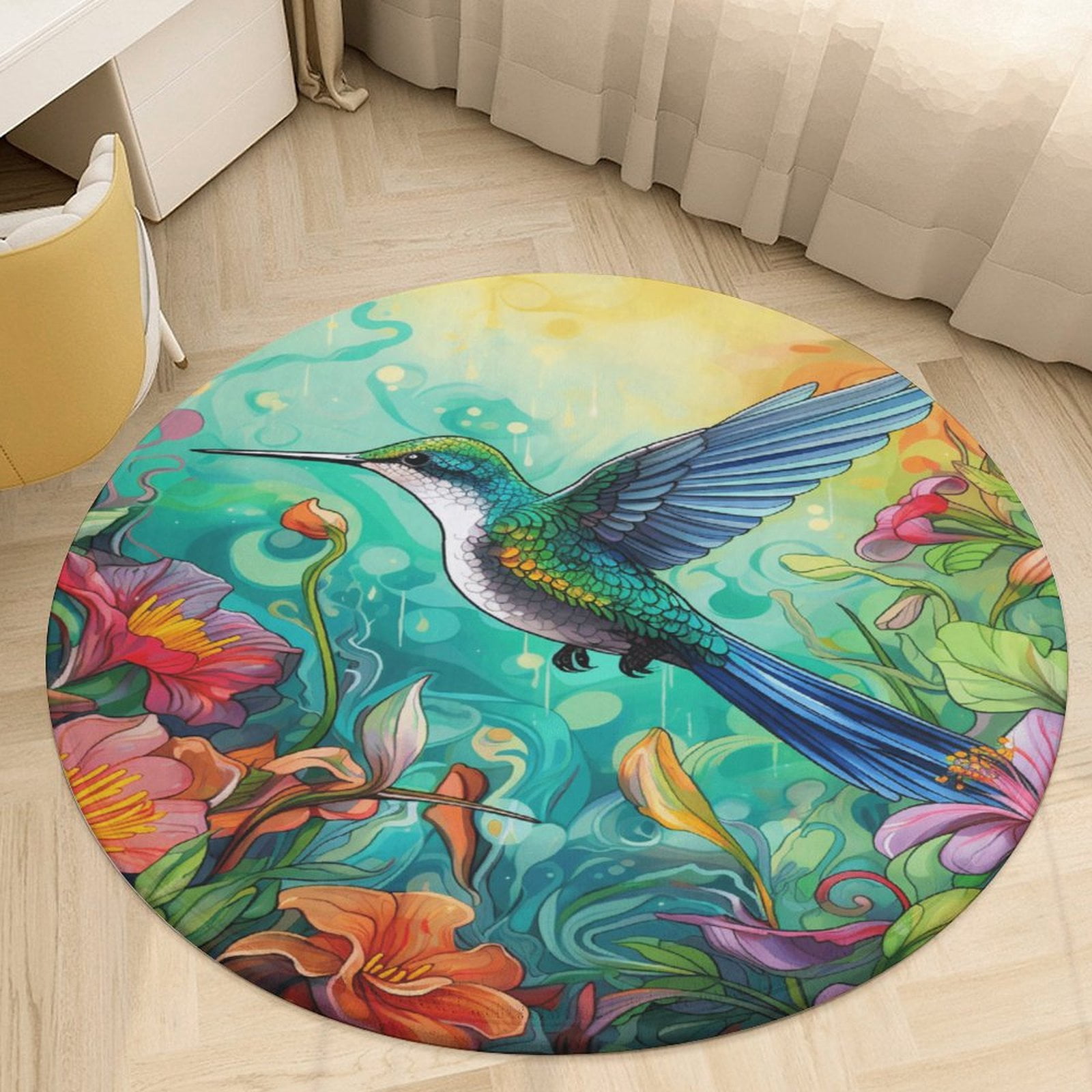 Flower Hummingbird Floral Medallion Round Rug - Small Round Area Rug ...