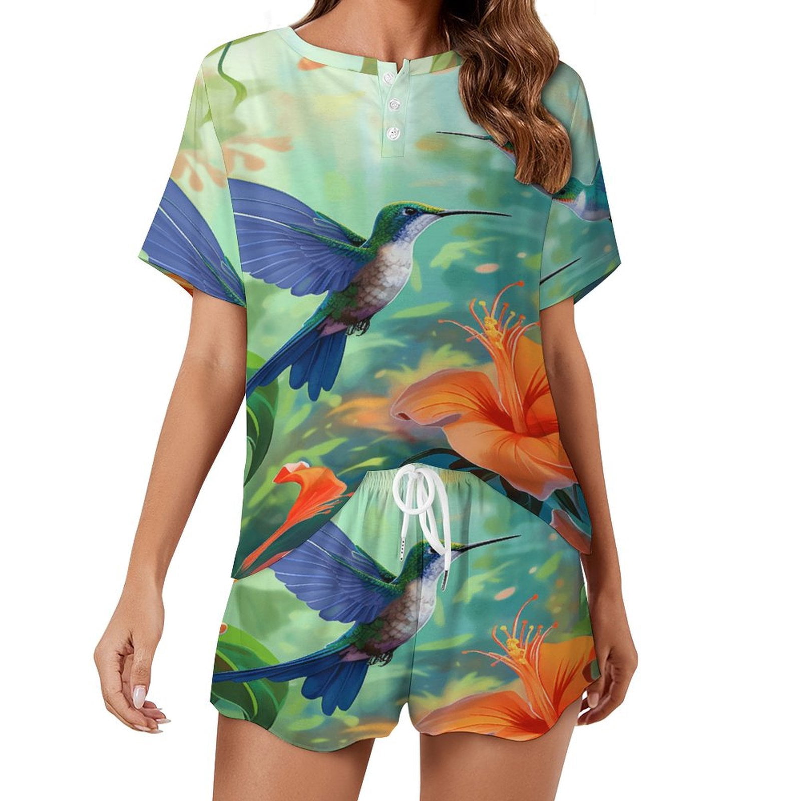 Flower Hummingbird Pajamas Set Womens Loungewear Sleepwear 2 Piece PJ ...