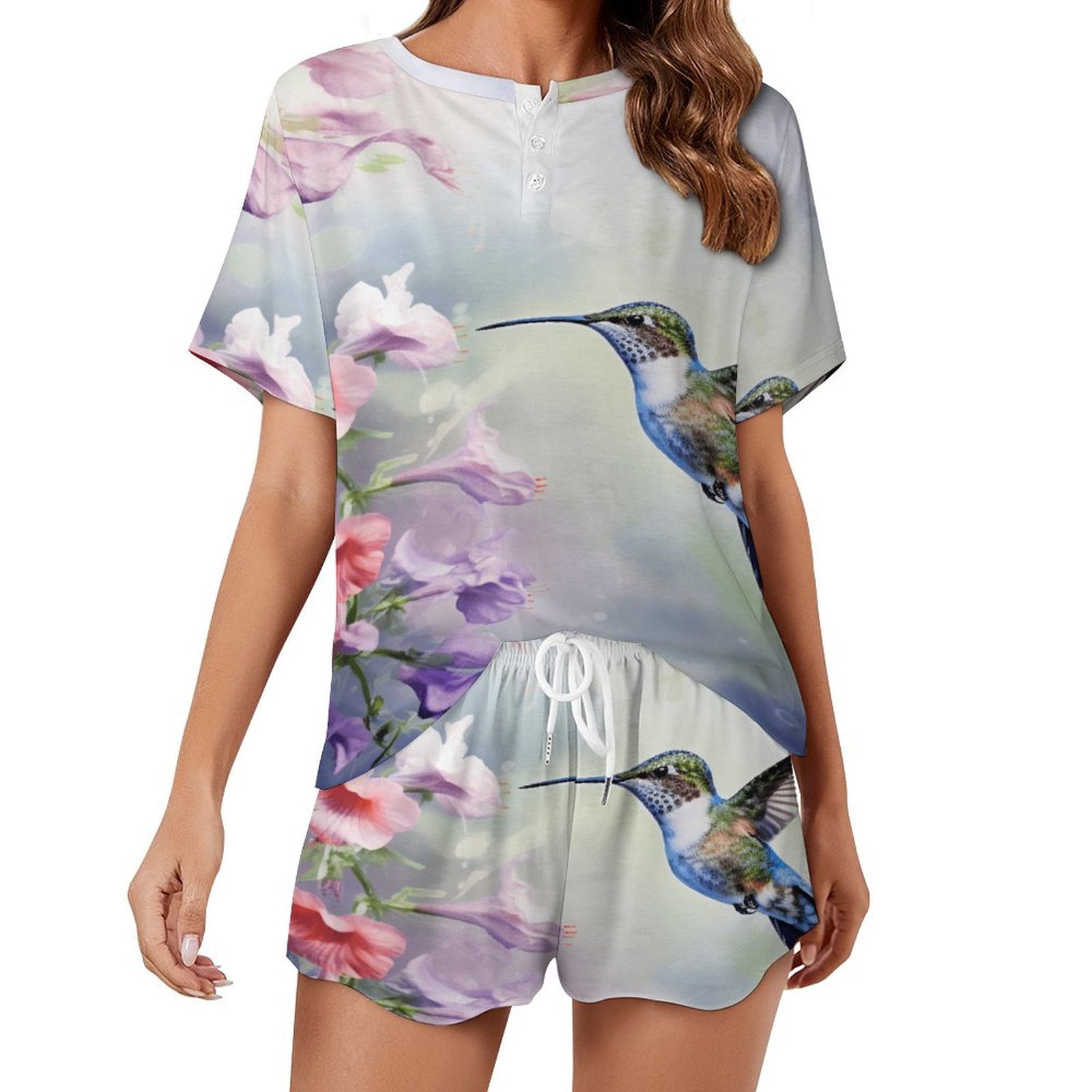 Flower Hummingbird Pajamas Set Womens Loungewear Sleepwear 2 Piece PJ ...