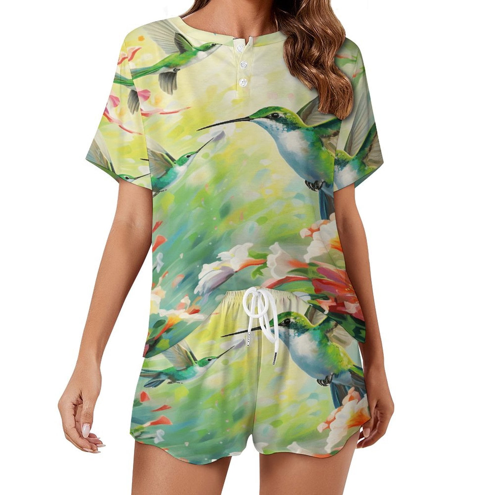 Flower Hummingbird Print Women'S Pajamas Set Summer Sleepwear Sets 2 ...