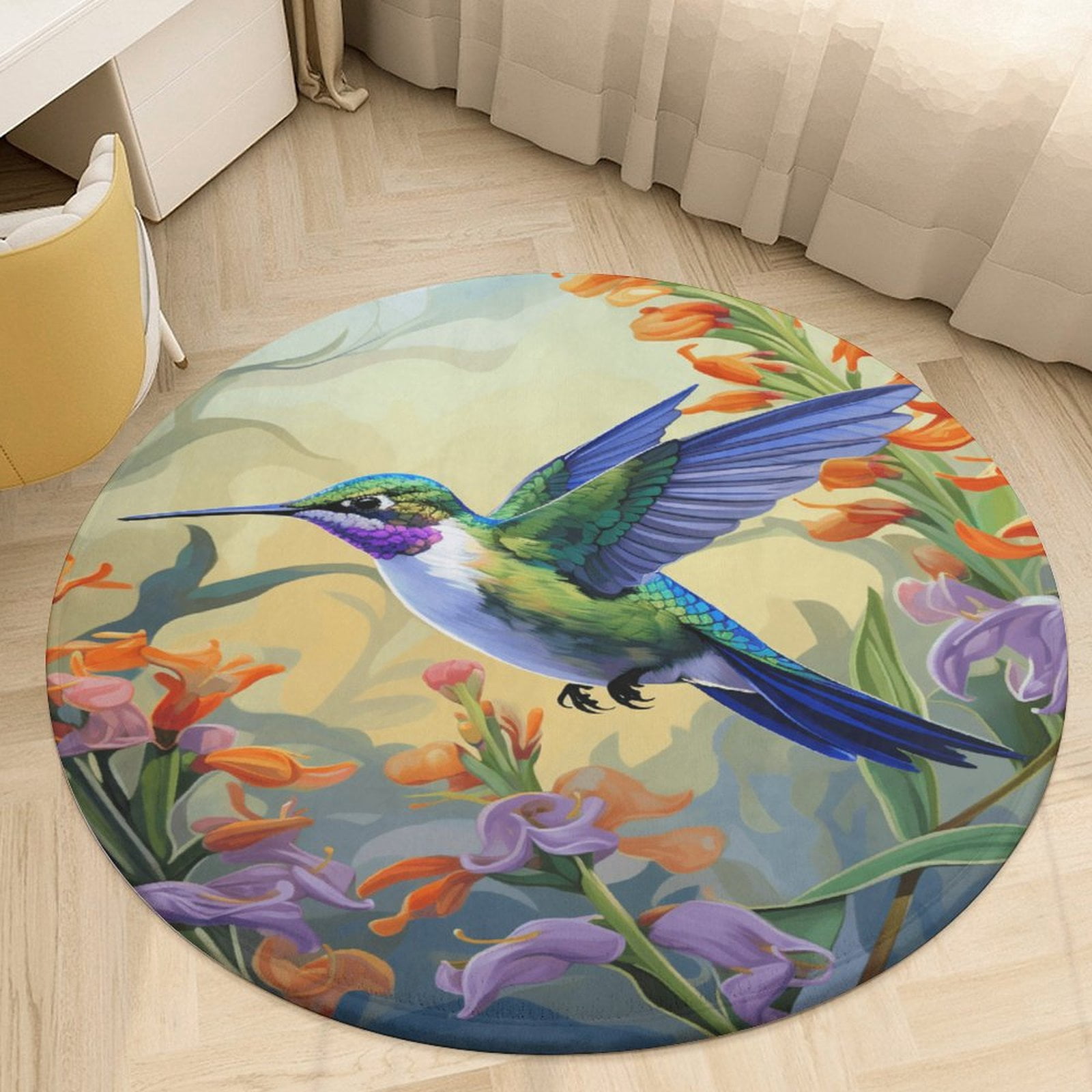 Flower Hummingbird Round Rugs -Washable Non-Slip Small Round Area Rug ...
