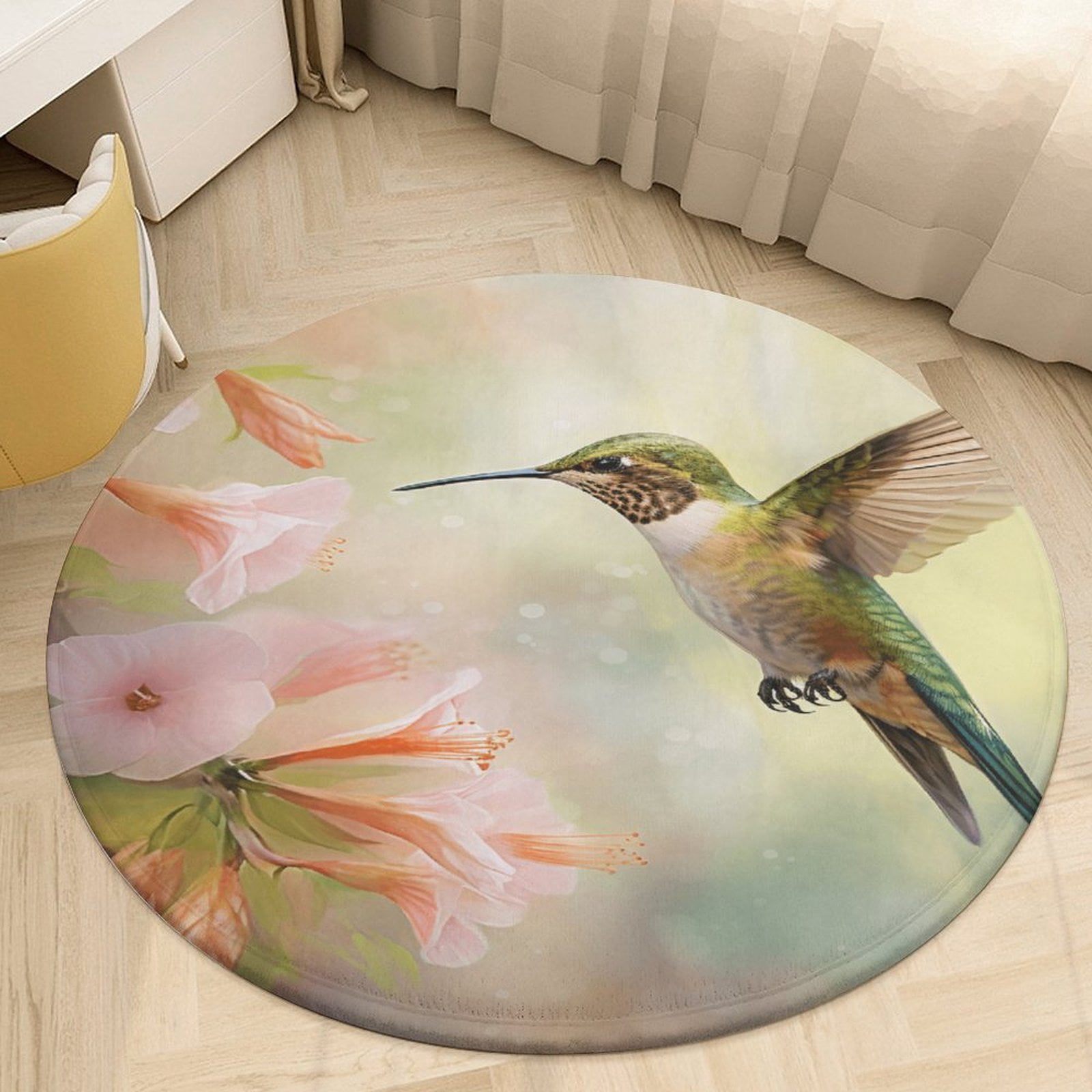 Flower Hummingbird Round Small Area Rug, Print Non Slip Washable Floor ...