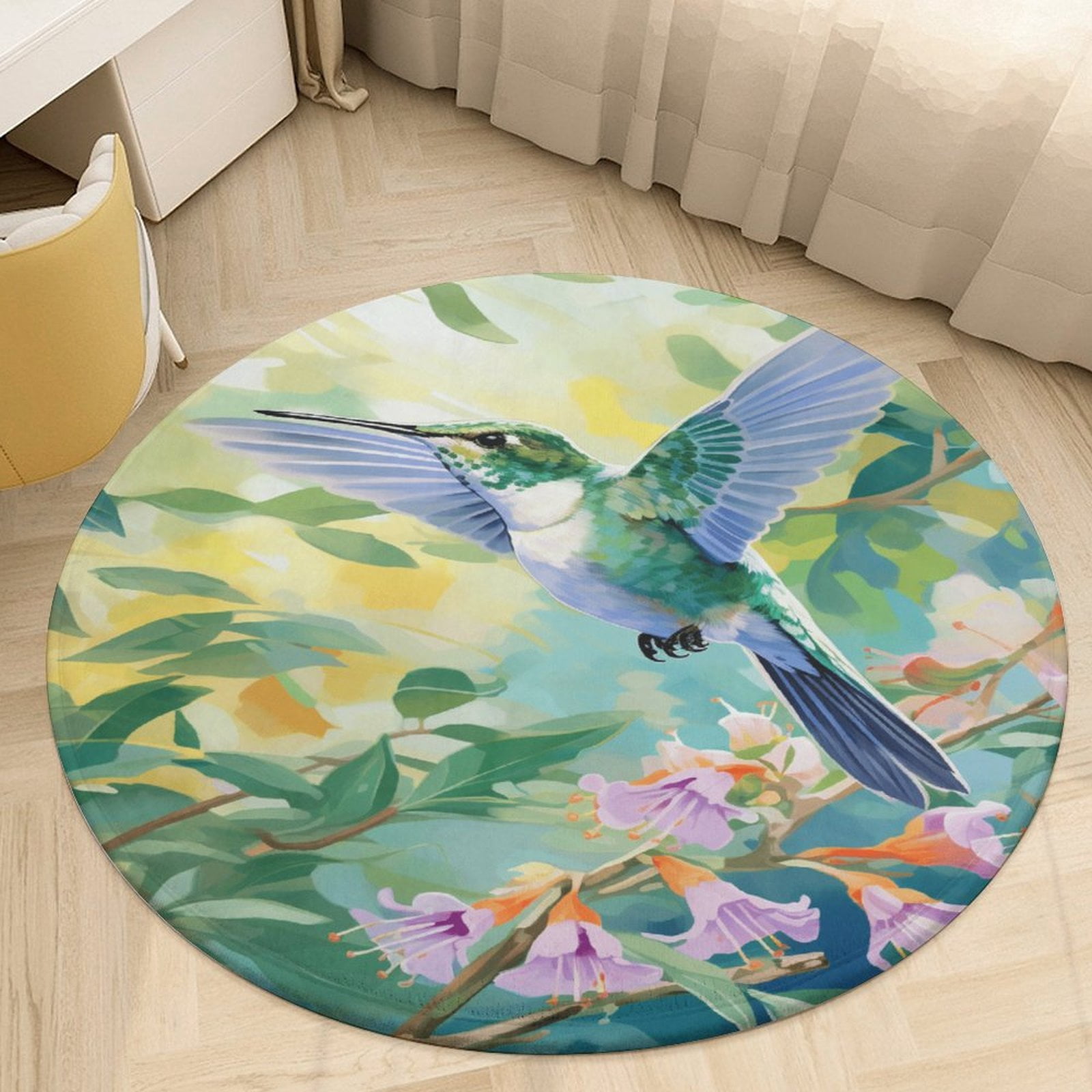 Flower Hummingbird Round Small Area Rug, Print Non Slip Washable Floor ...