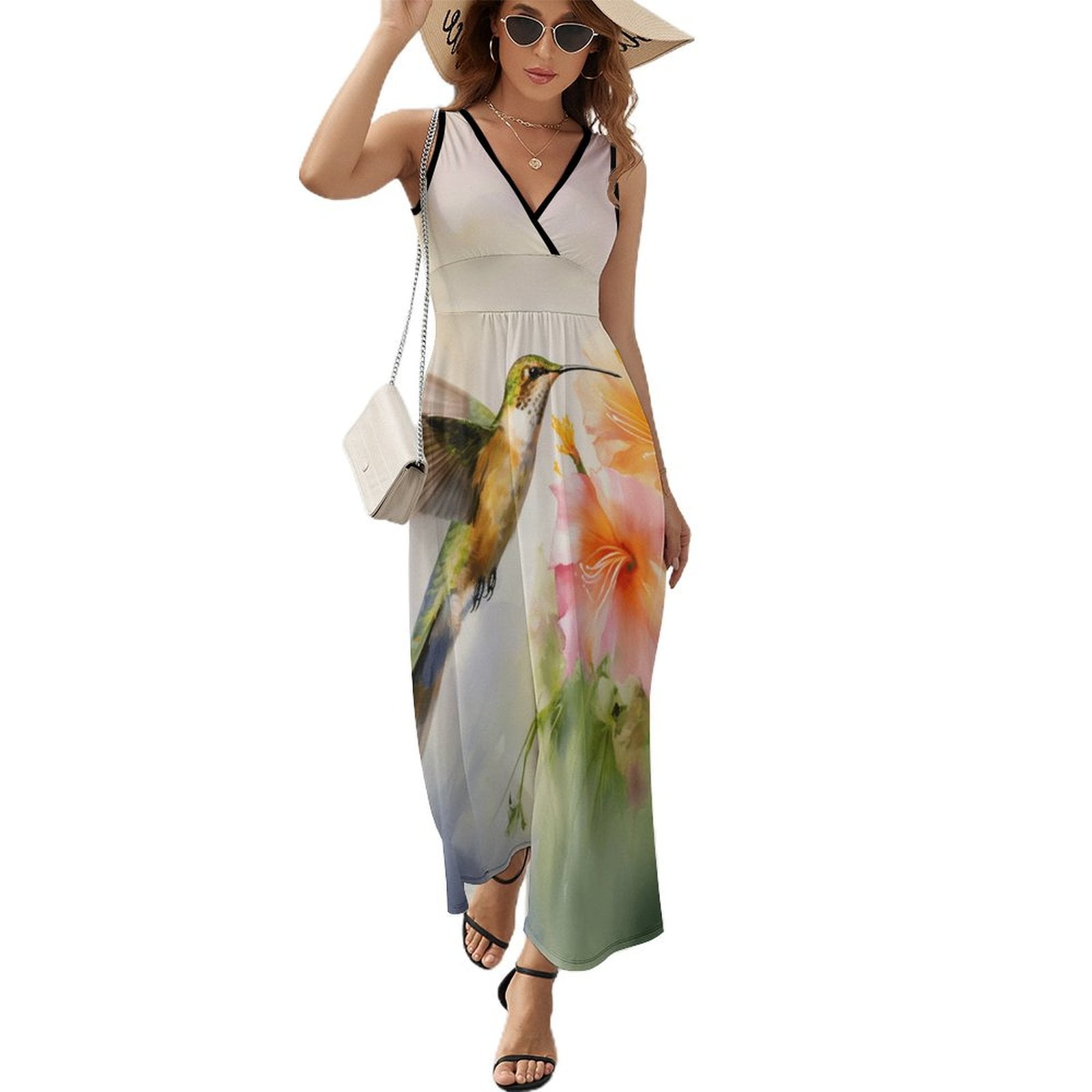 Flower Hummingbird Sleeveless Dress Female Clothing Dress Women Summer ...