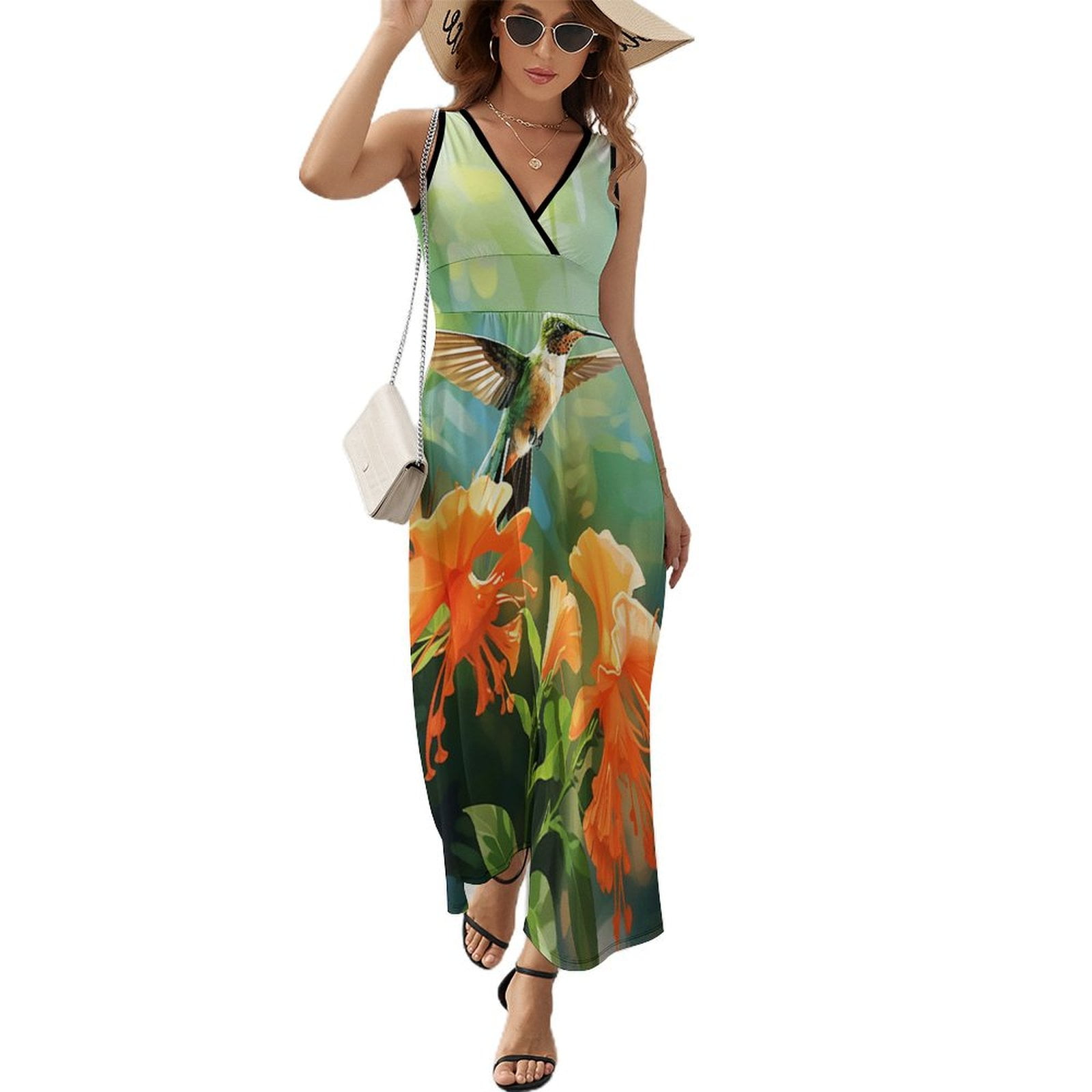 Flower Hummingbird Sleeveless Dress Female Clothing Dress Women Summer ...