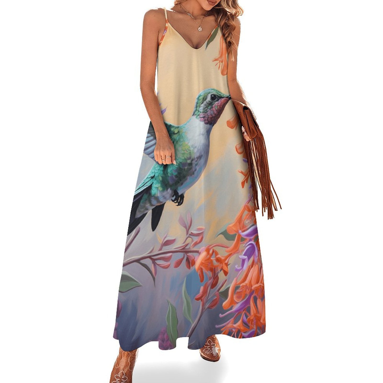 Flower Hummingbird Sleeveless Dress Woman Fashion Long Dresses Women's ...