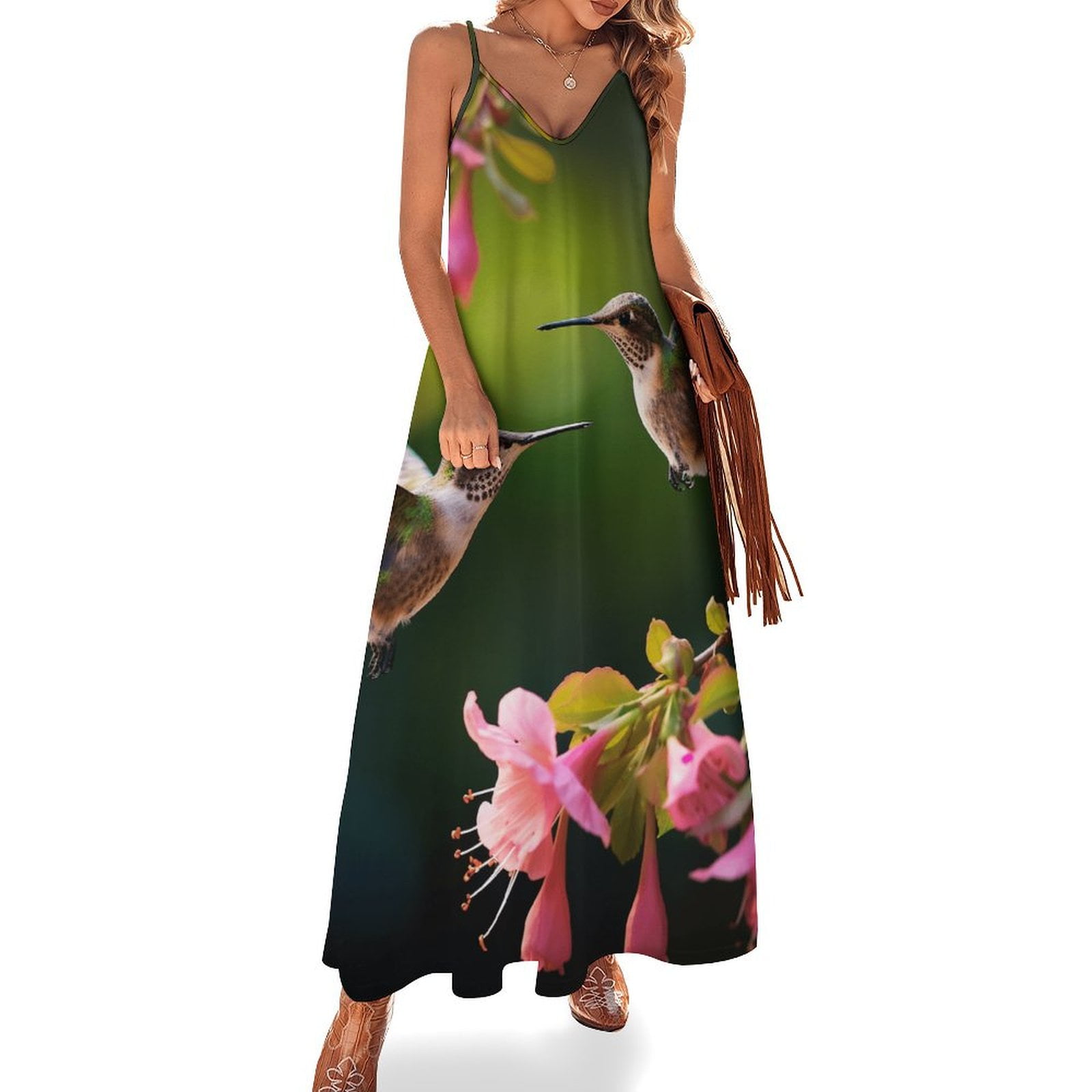 Flower Hummingbird Sleeveless Dress Woman Fashion Long Dresses Women's ...