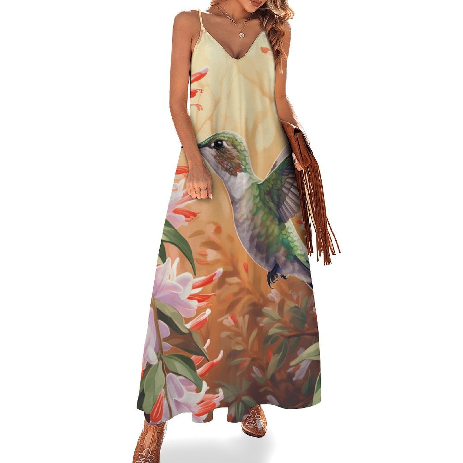Flower Hummingbird Sleeveless Dress Woman Fashion Long Dresses Women's ...