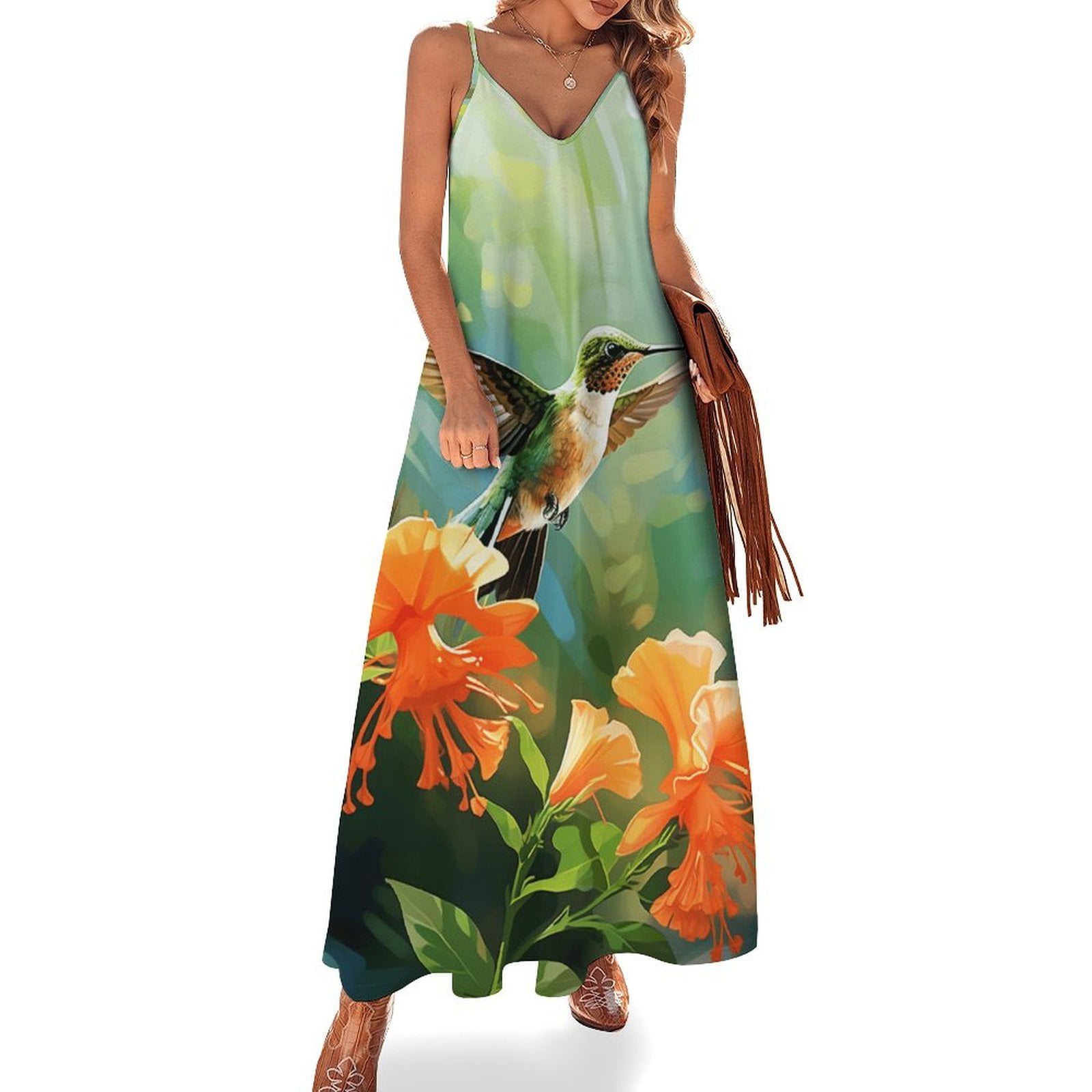 Flower Hummingbird Sleeveless Dress Woman Fashion Long Dresses Women's ...