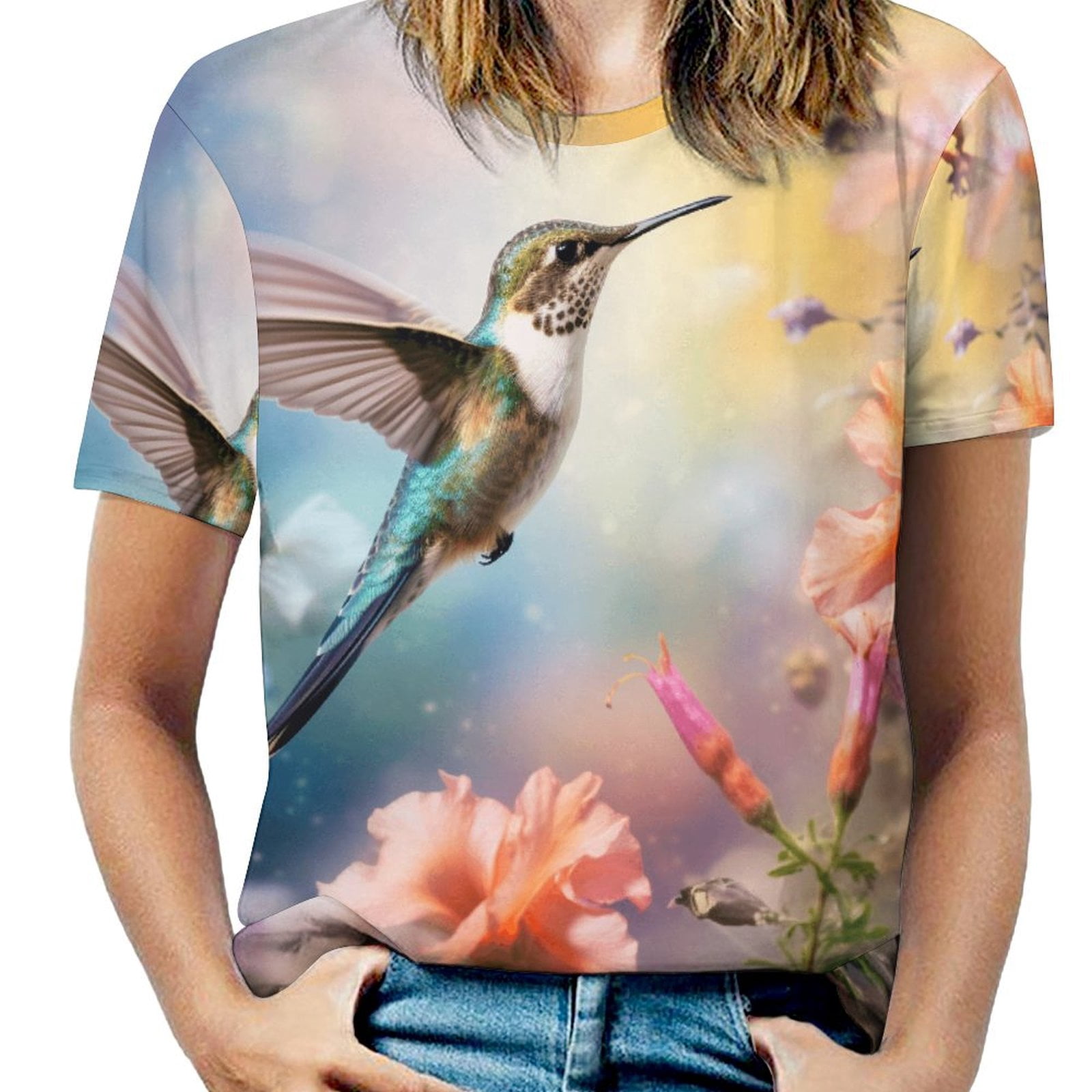 Flower Hummingbird T Shirts Basic T-Shirt Short Sleeve Ladies Tee Shirt ...