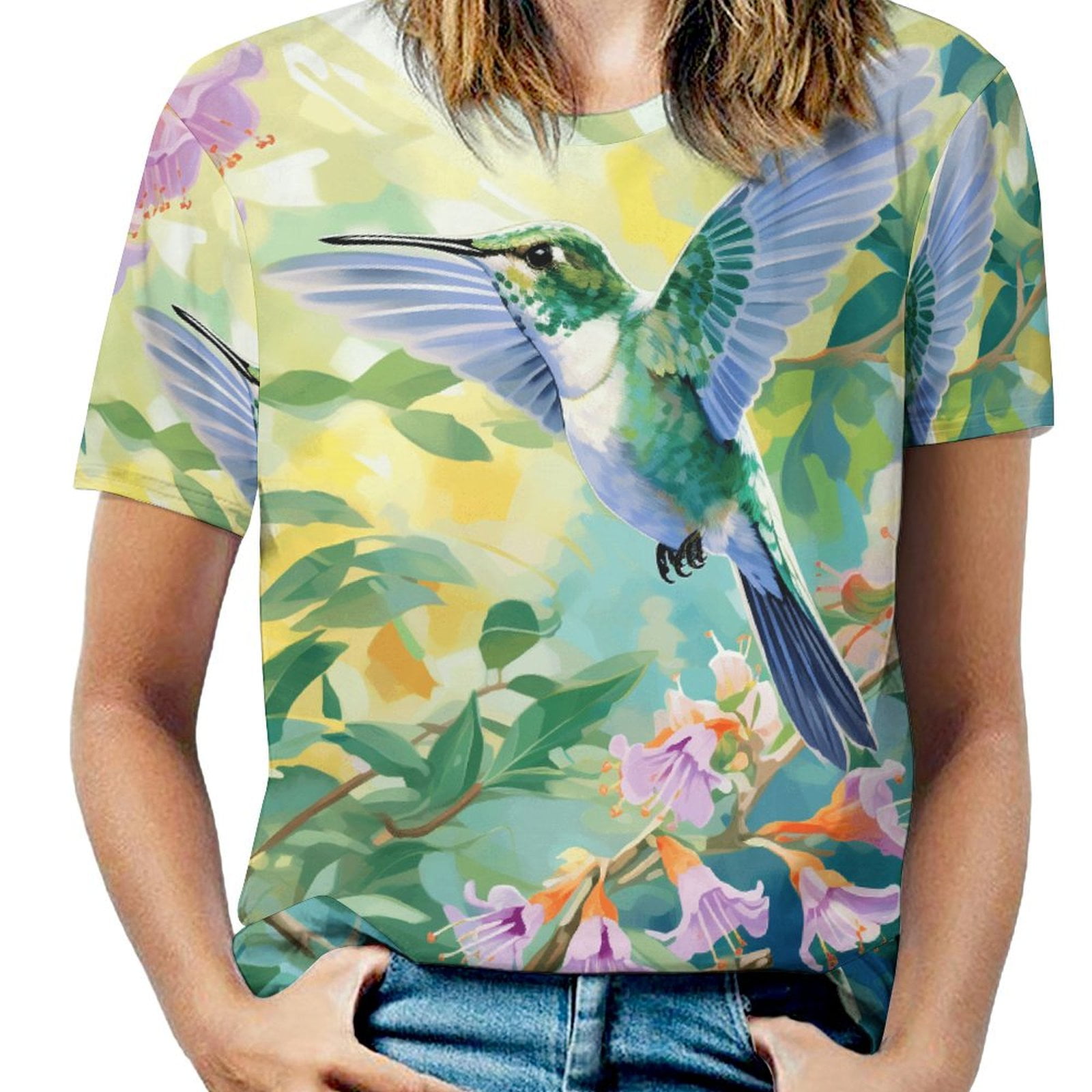 Flower Hummingbird Women's Short Sleeve Tops Casual Blouses T Shirt ...