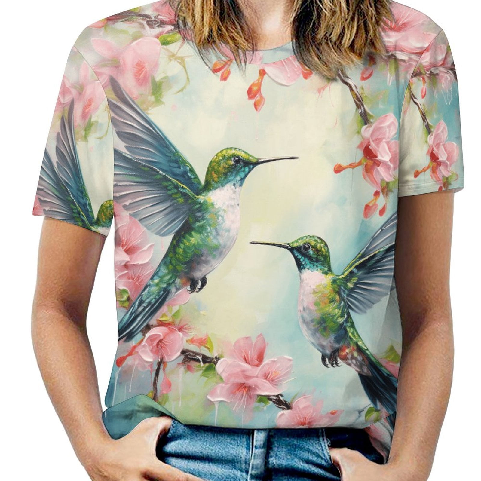 Flower Hummingbird Womens Tops Women's Fashion Casual Short Sleeve ...