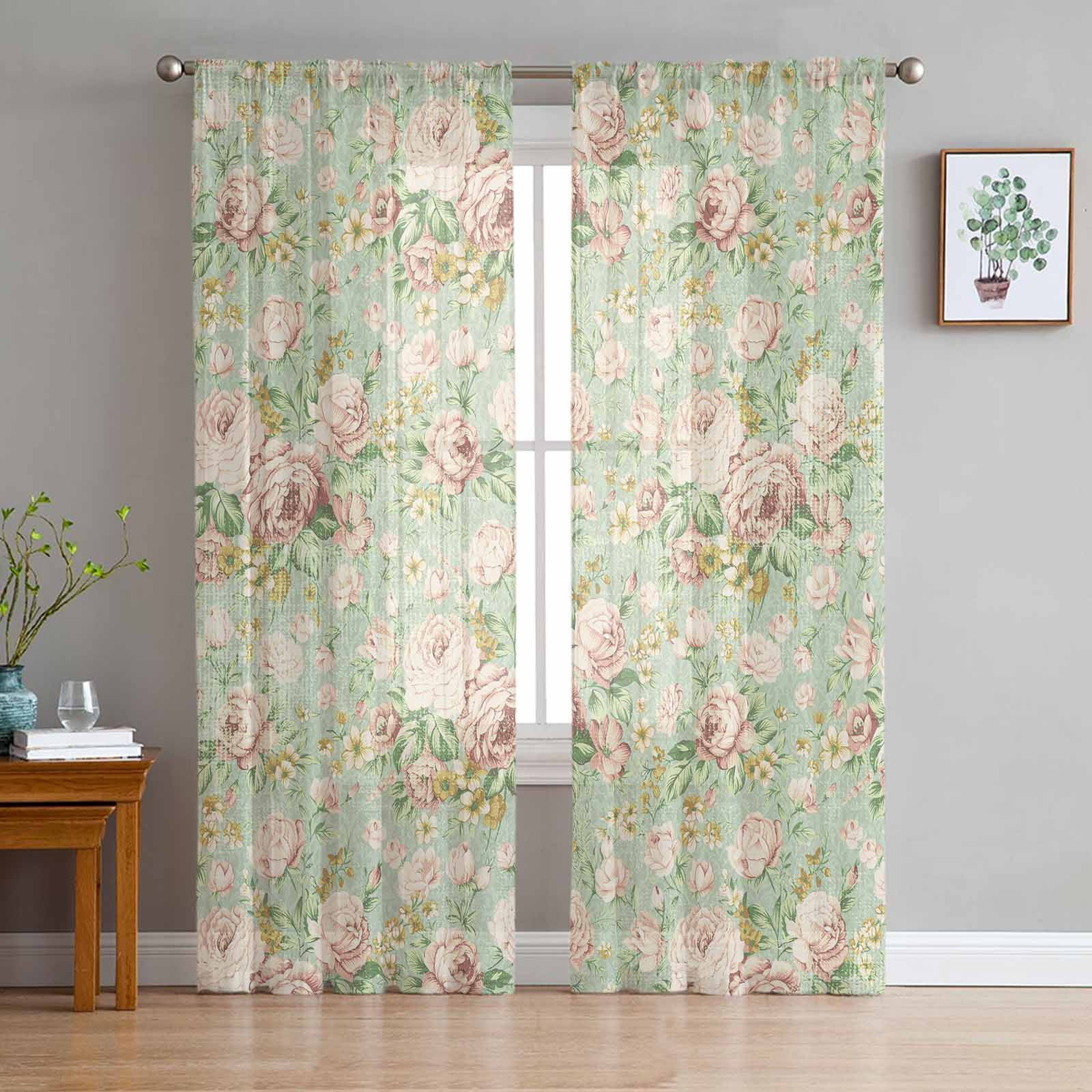 Flower Illustration Camellia Retro Sheer Curtains for Living Room Tulle ...