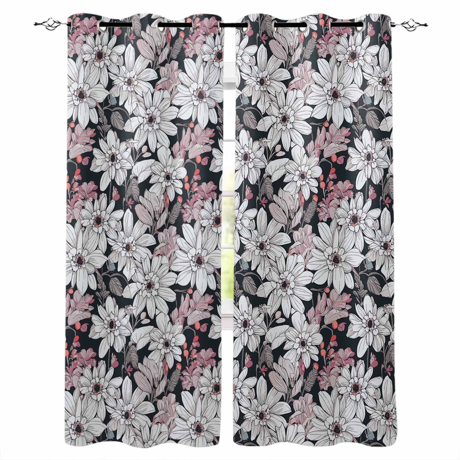 Flower Illustration Pattern Black Curtains For Windows Drapes Modern ...