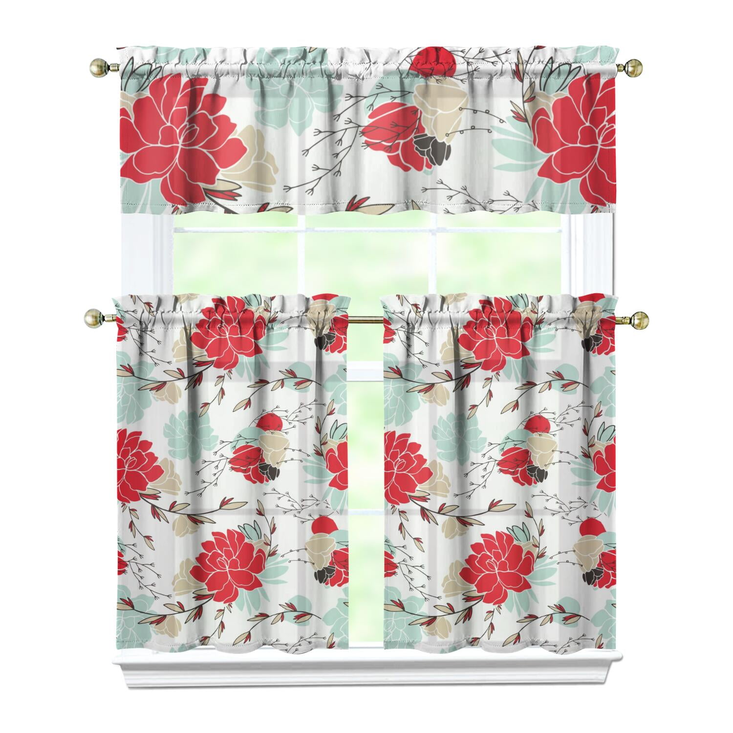 Flower Kitchen Curtains Set Tier and Valance Vintage Botanical Floral ...