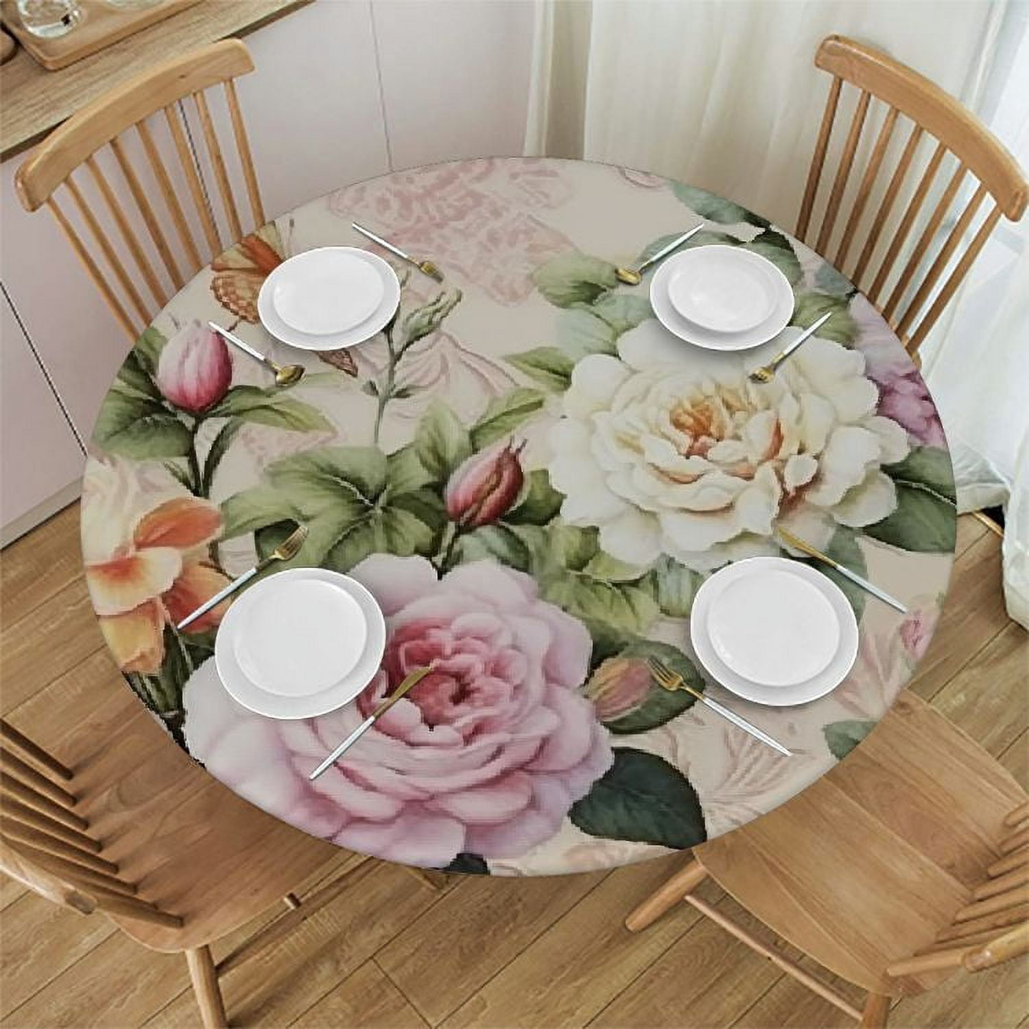 Flower Kitchen Fitted Tablecloth for Round Table Cover with Elastic ...