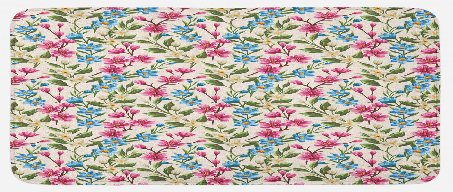 Flower Kitchen Mat, Blooming Spring Flowers on Branches Romantic ...