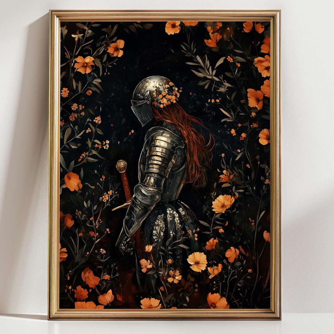 Flower Knight Art Print, Feminine Warrior Wall Decor, Floral Armor ...