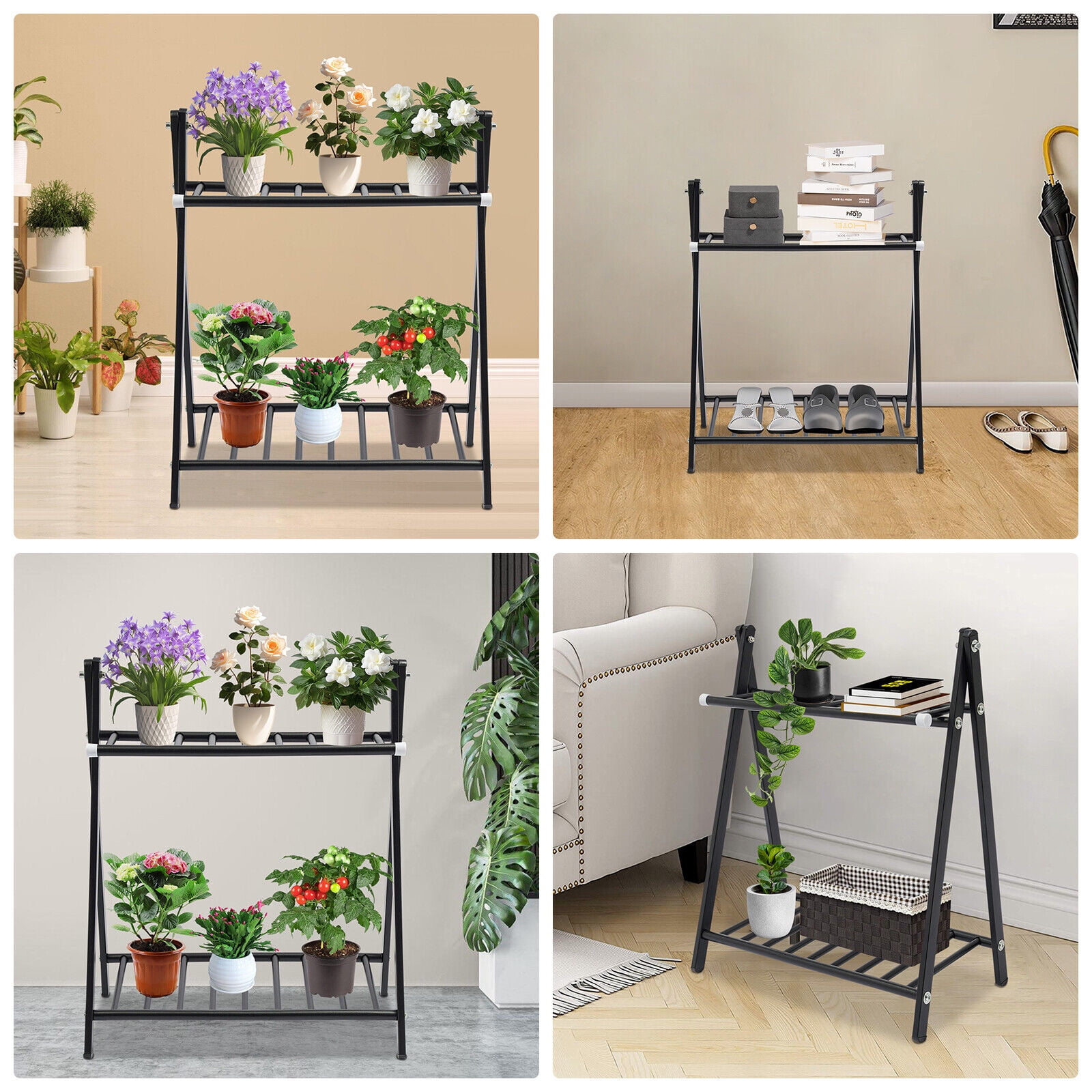 Flower Ladder Shelf, Metal Plant Display Holder, 2 Tier Plant Stand ...