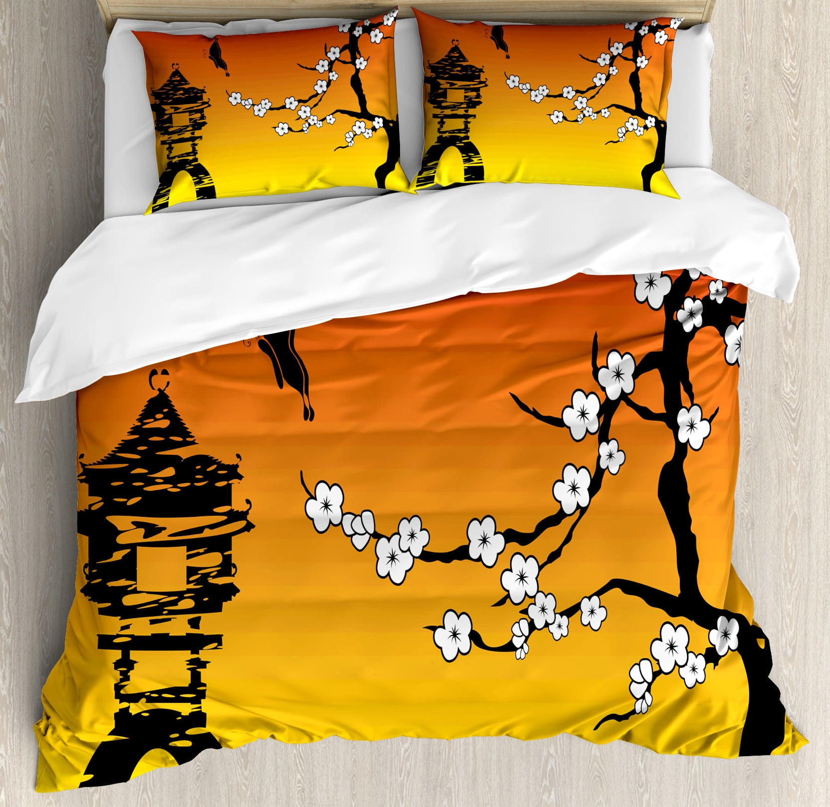 Flower Landscapes Duvet Cover Set, Silhouette of a Japanese Sakura Tree ...