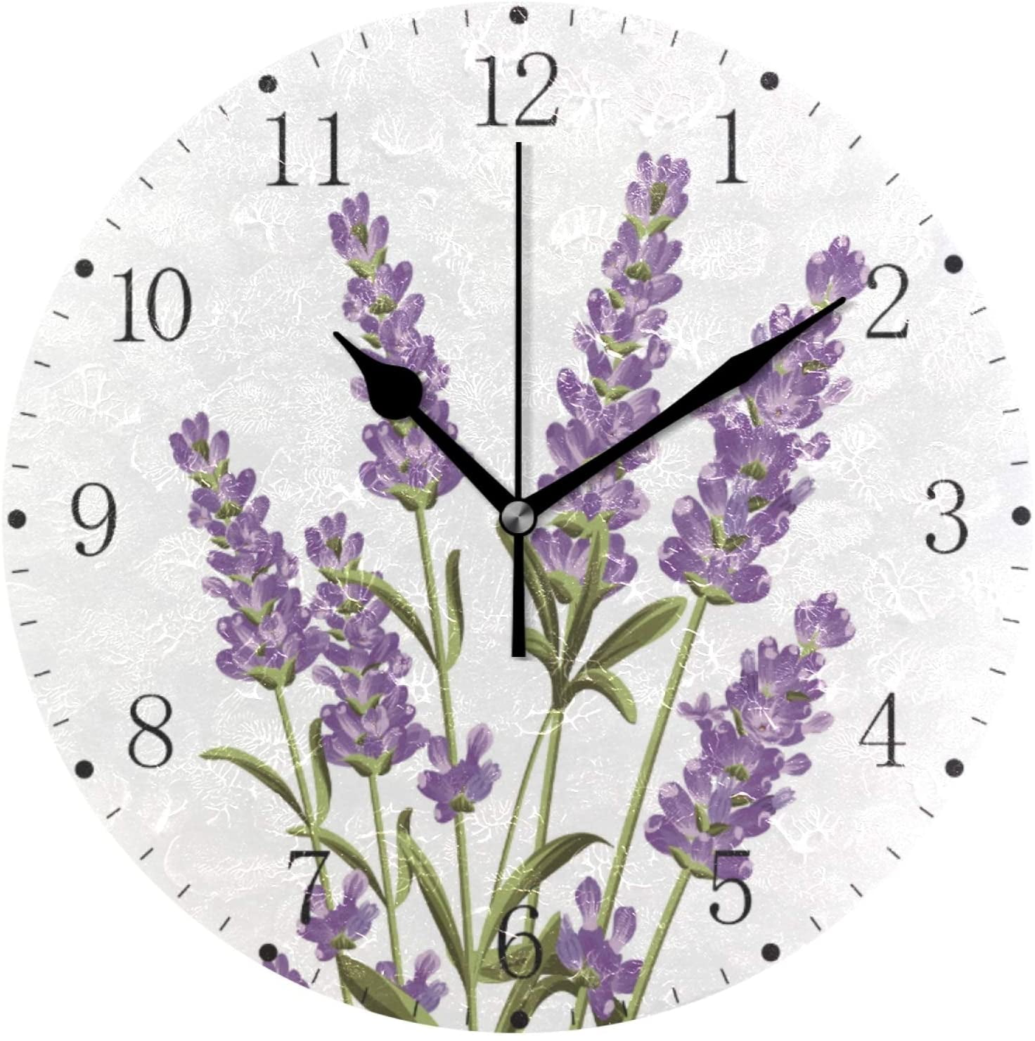 Flower Lavender Wall Clocks Battery Operated 10 inch Silent Non-Ticking ...