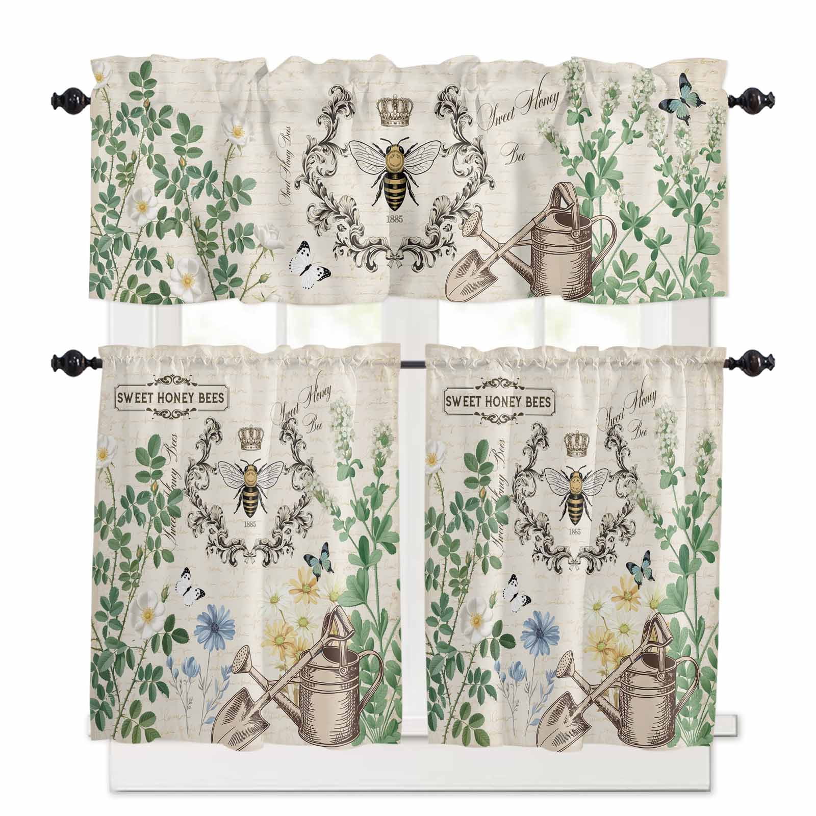 Flower Leaf Bee Window Curtains Valance Set of 3 Vintage Blue Floral ...
