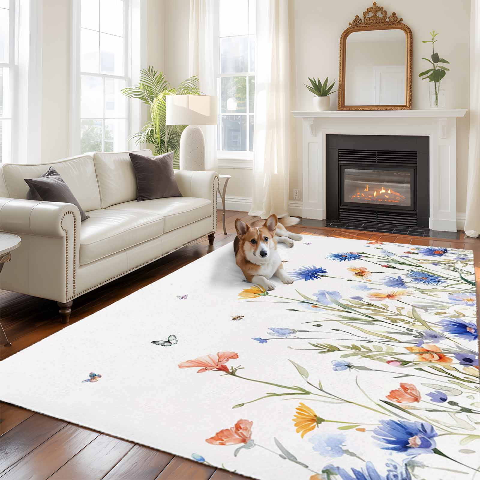 Flower Leaf Large Area Rugs 5x8 ft Butterfly Flowers Spring Washable ...