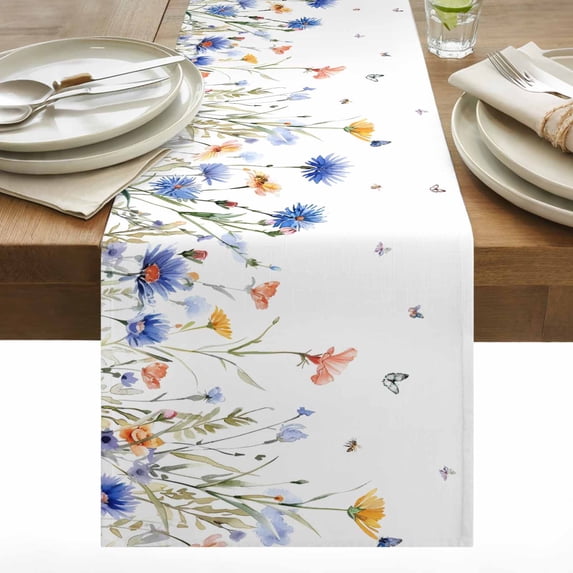 Flower Leaf Table Runner 13x72 inch Butterfly Flowers Cotton Linen ...