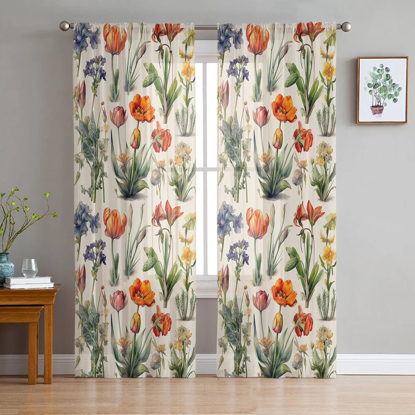Flower Leaves And Flower Buds Bedroom Transparent Sheer Curtains ...