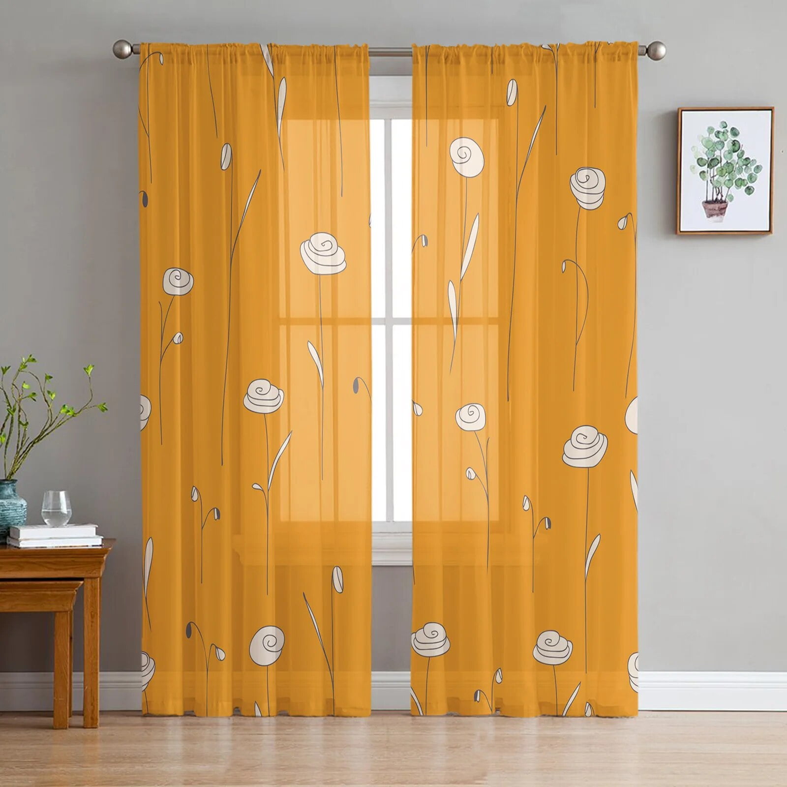 Flower Leaves Branch Bud Orange Tulle Curtains for Living Room Kitchen ...