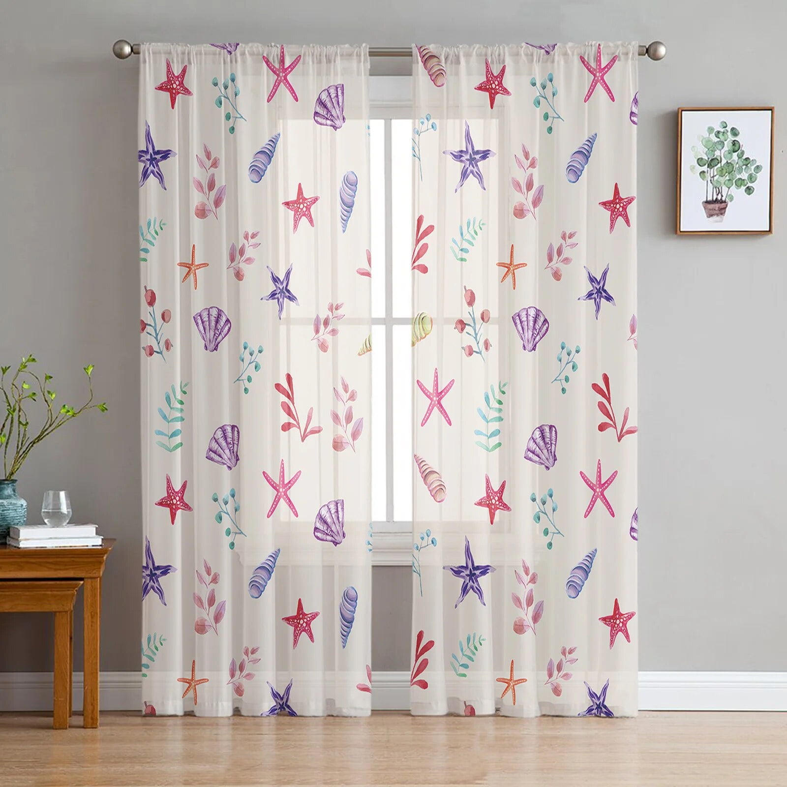 Flower Leaves Shell Star Sheer Curtains for Living Room Bedroom Kids ...