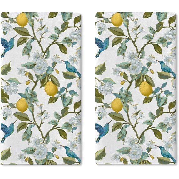 Flower Lemon Kitchen Dish Towels Set of 2, Floral Hummingbird Citrus ...