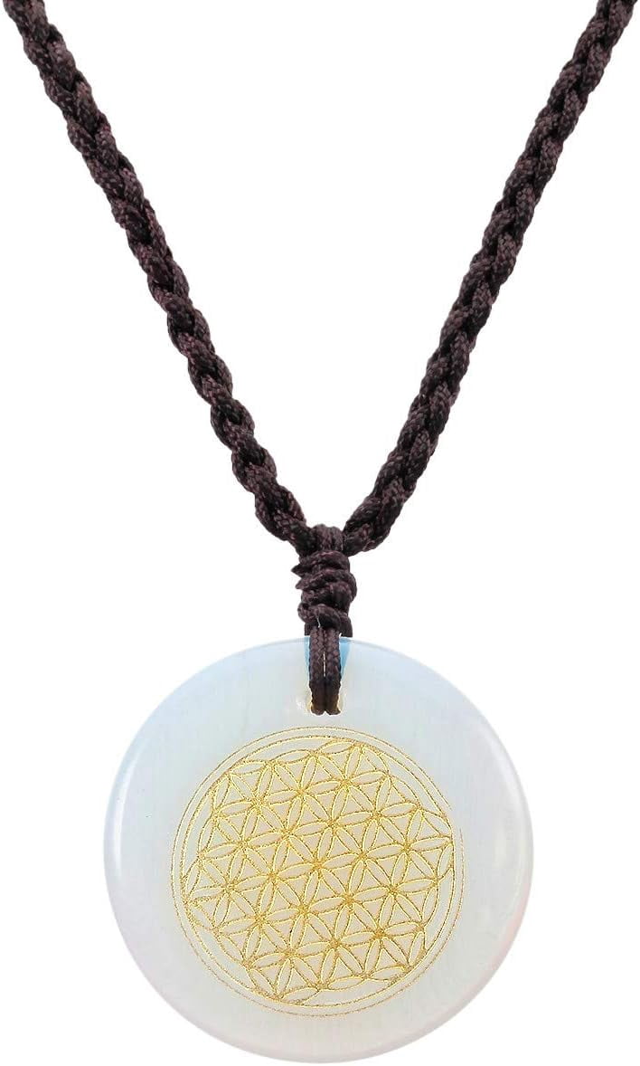 Flower of Life Engraved Round Amulet Pendant Necklace, Adjustable Wave ...