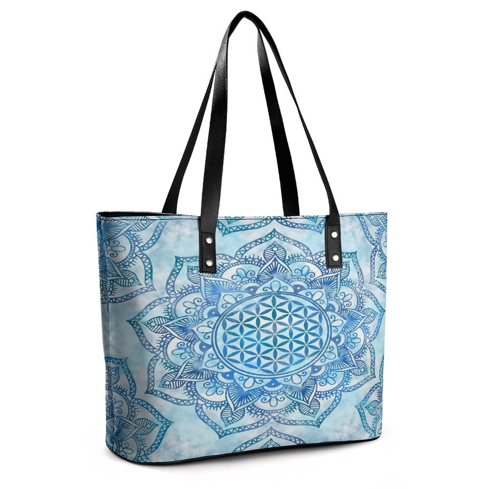 Flower Lotus Gentle Sky Blue Woman Leather Handbags Large Tote Bag ...